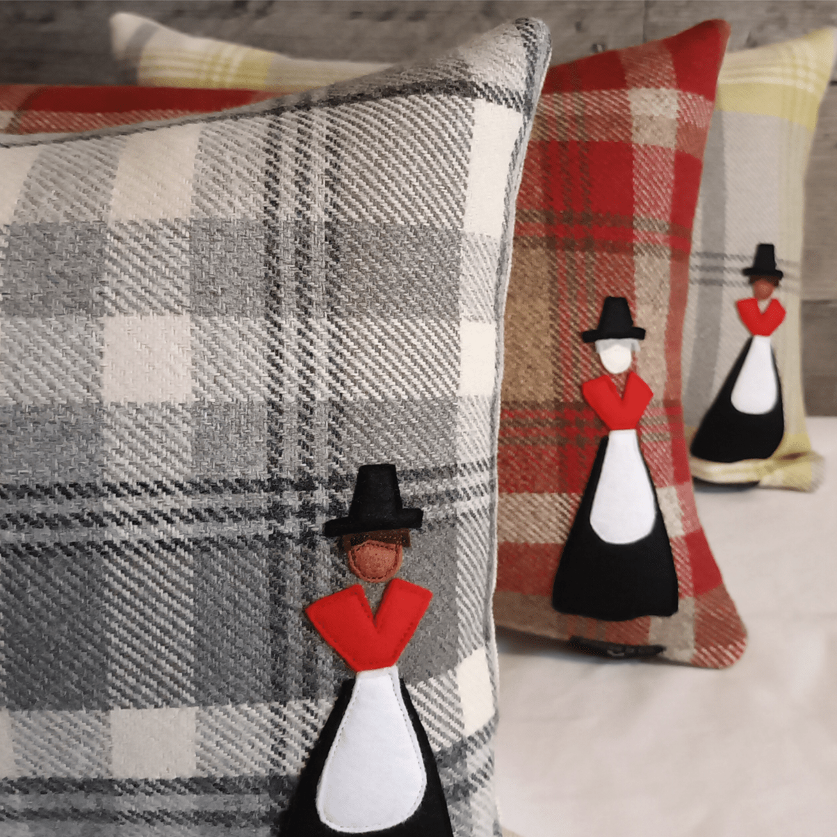 Welsh Lady Wool Blend Check Cushions — Giftware Wales